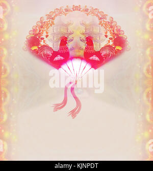 Decorative opened fan with patterns of Year of rooster design for ...