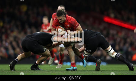 New Zealand's Luke Whitelock is tackled by Wales' Alun Wyn Jones (left ...