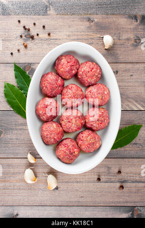 Raw meatballs in plate on a white wooden table background Stock Photo ...