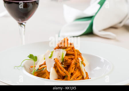 stylish gourmet tasty spaghetti bolognese in white plate Stock Photo ...