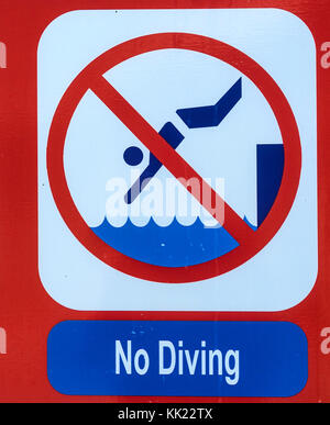 No diving and depth sign warning at swimming pool edge with copy space ...