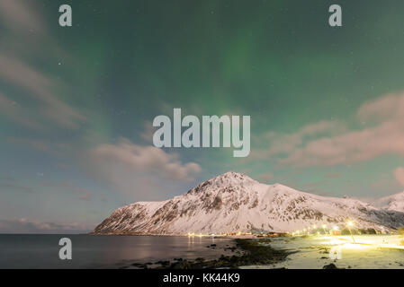 Northern lights over the sea at Vareid, Lofoten Islands, Norway in the ...