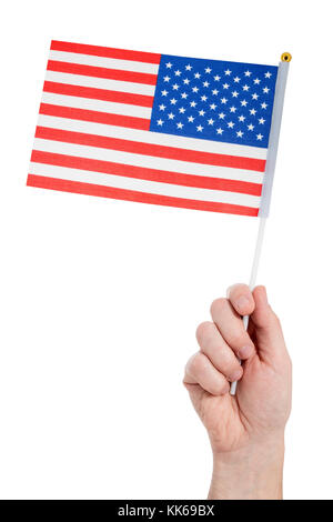 Hand holding American flag isolated on white background Stock Photo - Alamy