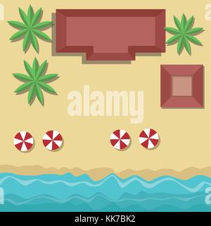 Top view of a cartoon sea beach. Bright sandy beach. Sea tide, sea ...