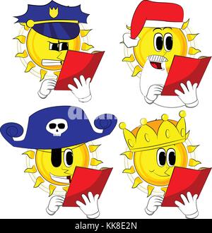 Cartoon sun reading a red book and making a point. Collection with ...