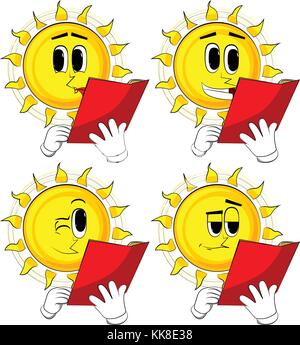 Cartoon sun reading a red book. Collection with costume. Expressions ...