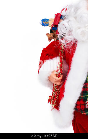 cropped shot of santa claus with sack and leashed piggy isolated on ...