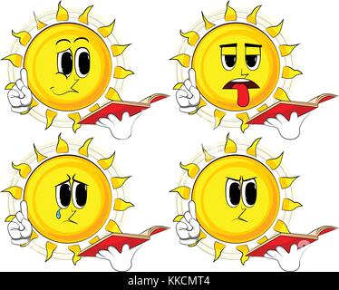 Cartoon sun reading a red book. Collection with happy faces ...