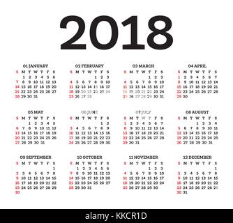 Calendar for 2018. Week starts on Sunday Stock Vector Image & Art - Alamy