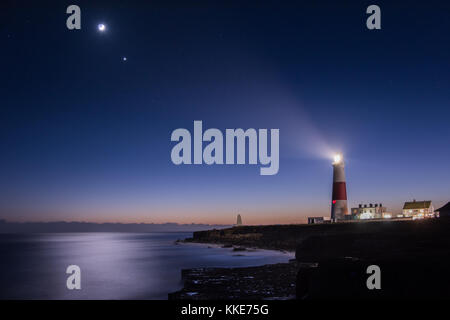 Portland Bill Lighthouse Nightscape with the Moon and planets Venus and ...