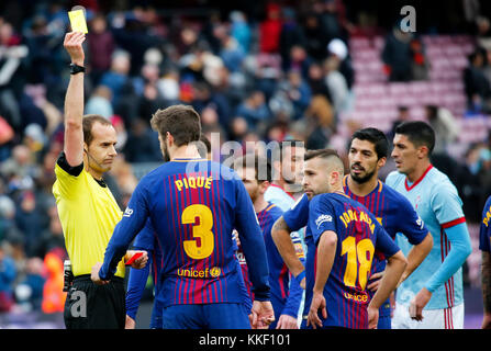 The referee Mario Melero Lopez shows a yellow card during the match between RCD Espanyol and ...