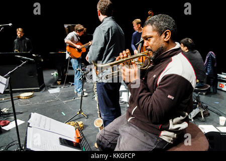 Sam Amidon rehearsing on stage at the Lawrence Batley Theatre during ...