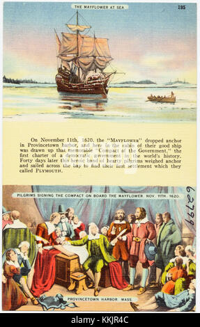 Pilgrims signing the Mayflower Compact 1620. Hand-colored woodcut Stock ...