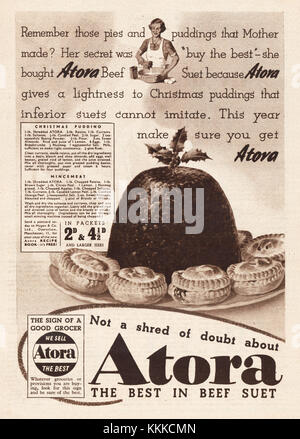 1938 UK Magazine Atora Christmas Pudding & Mince Pies Advert Stock ...