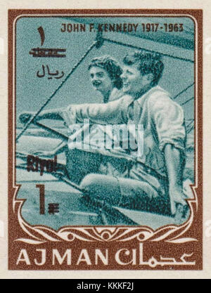 A 1964 stamp from Ajman featuring a portrait of President John F ...