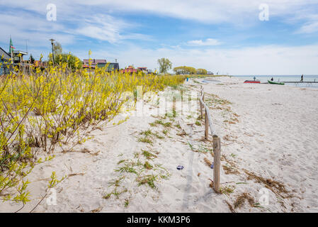 Bay of Puck beach seen from Hel Peninsula separating bay from open ...