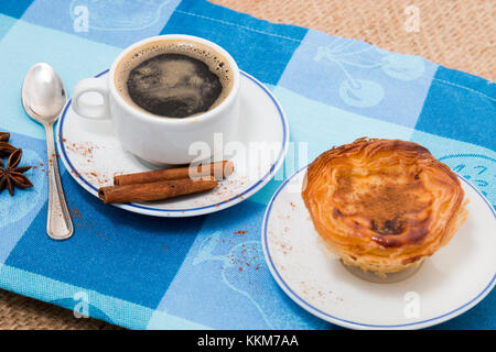 Typical Portuguese breakfast with expresso coffee and egg custard ...