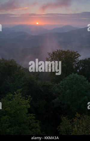 View from Lindelbrunn castle ruin, sunrise, landscape, fog, blue hour ...