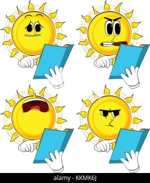 Cartoon sun reading and pointing at an opened book. Collection with ...