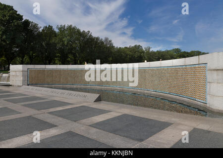The Freedom Wall at the National World War II Memorial at dusk ...