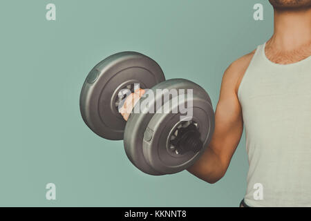 Weak man lift a weight, dumbbells, biceps, muscle, fitness. Nerd ...