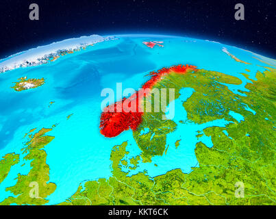 Satellite view of Norway highlighted in red on planet Earth with borderlines. 3D illustration ...