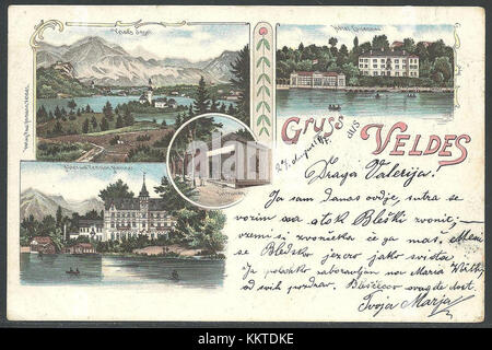 A vintage postcard from 1897 depicting Bled, a picturesque town in ...