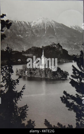 A vintage postcard from Bled, Slovenia, dating back to 1919, depicting ...