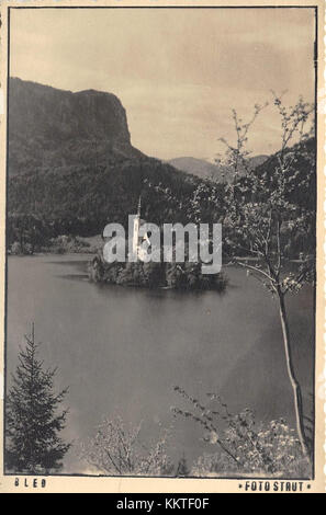 This vintage postcard features Bled Castle, located on the shores of ...