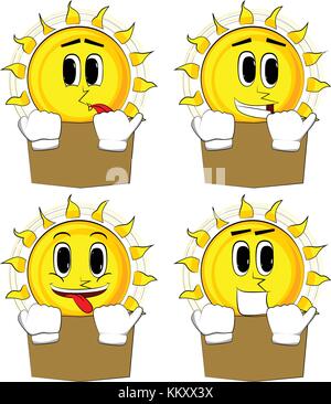 Cartoon sun reading book and hiding behind it. Collection with sad ...