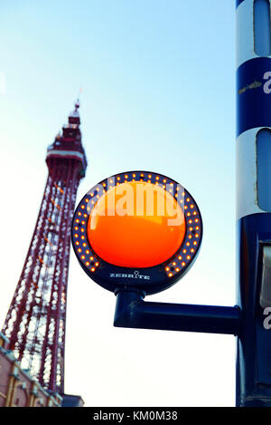 Belisha beacon at crossing point in front of Blackpool tower Stock ...