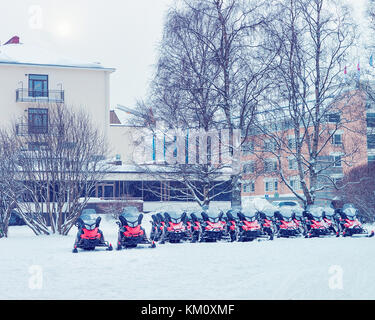 Snowmobiles at Winter Finland, Lapland at Christmas. Extreme Sport ...