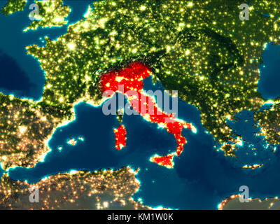 Satellite view of Italy highlighted in red on planet Earth with clouds ...