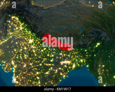 Satellite view of Nepal highlighted in red on planet Earth with ...
