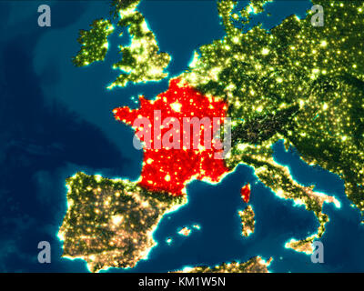 Satellite view of France highlighted in red on planet Earth with clouds ...
