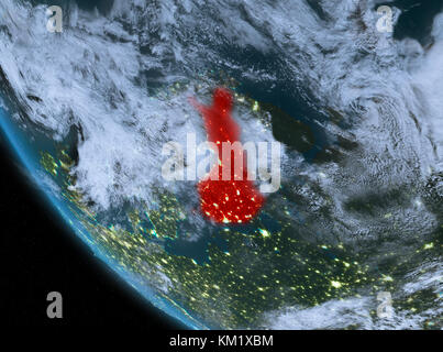 Night view of Finland highlighted in red on planet Earth with atmosphere and clouds. 3D ...