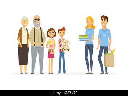 Volunteers help children and seniors - cartoon people characters ...