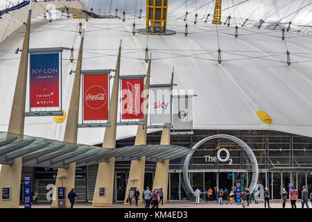 O2 Arena, entrance London Millennium Dome. Morning Blue sky Statue of ...