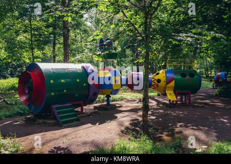 Old Soviet era playground equipment in Topilche Hydropark in Ternopil ...