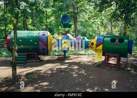 Old Soviet era playground equipment in Topilche Hydropark in Ternopil ...