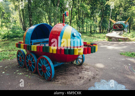 Old Soviet era playground equipment in Topilche Hydropark in Ternopil ...