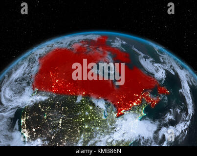 Satellite view of Canada highlighted in red on planet Earth. 3D ...