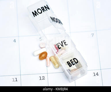 Pill box labeled morn, noon, eve, bed filled with nutritional ...