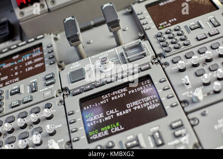 Flight instruments on an instrument panel in a cockpit of Boeing 777 ...