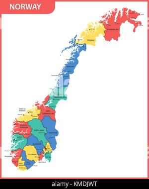 The detailed map of the Norway with regions or states and cities ...