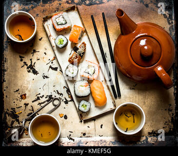 japanese sushi set on old wood background Stock Photo - Alamy