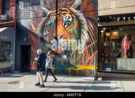 Tiger street art mural on wall of Suffolk Building Society office ...