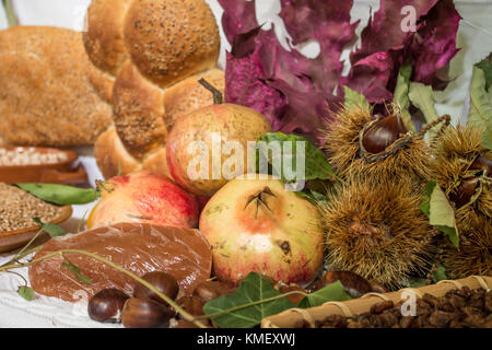 Autumn nature background with fruits and chestnuts on wooden texture ...