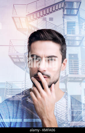 Engineer man, double exposure and thinking by crane, cityscape and lens ...