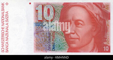 A Swiss Franc note, Euler-10 series, displayed horizontally. This ...